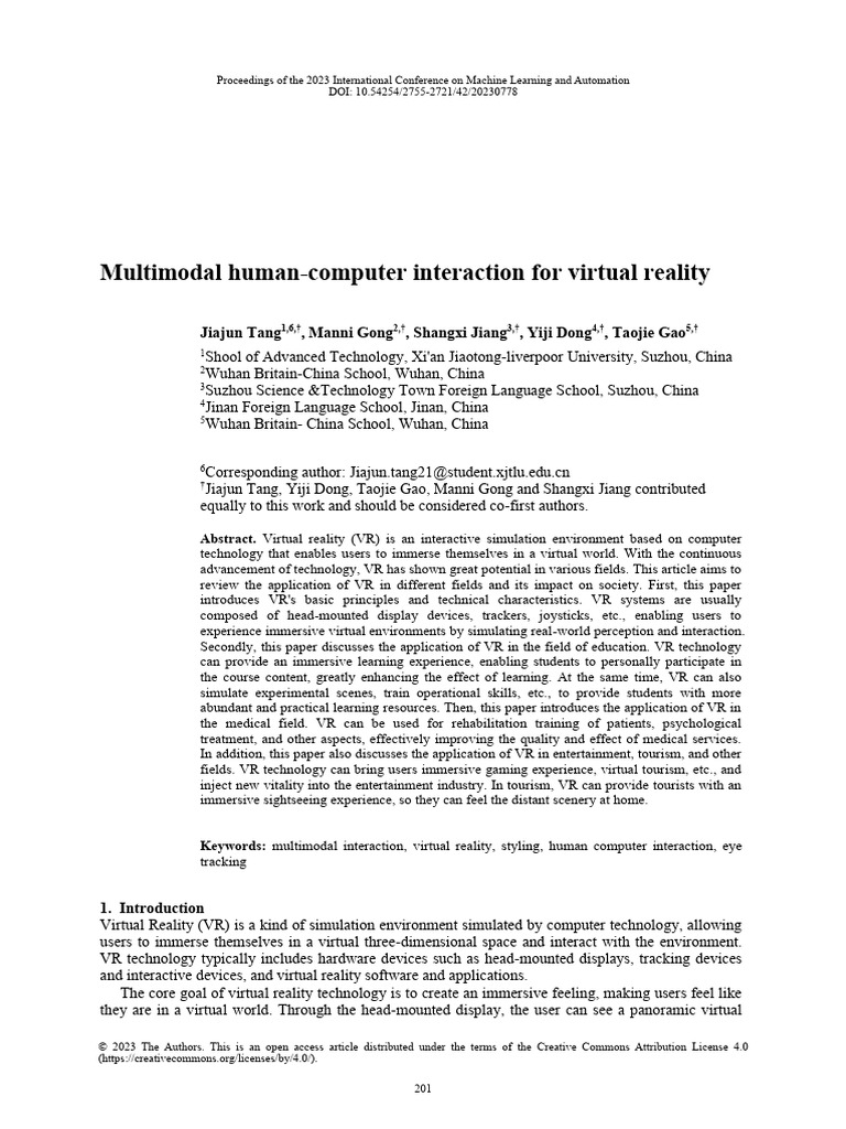 Multimodal Human-Computer Interaction For Virtual | PDF | Virtual ...