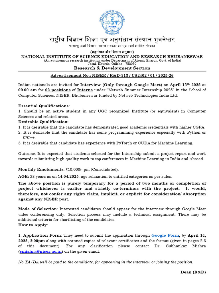 Advt Intern R&D313 CS2402 01 2025-26 | PDF