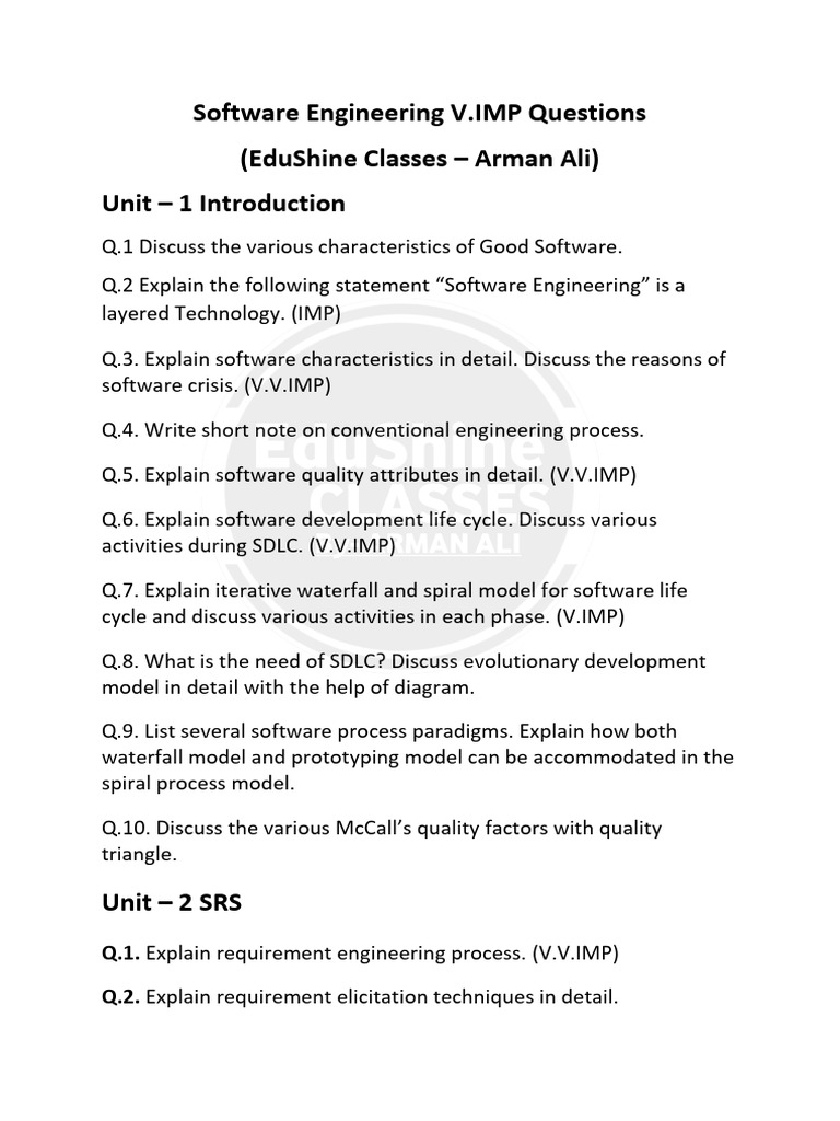 Software Engineering V.imp Question + PYQs Paper (Edushine Classes ...