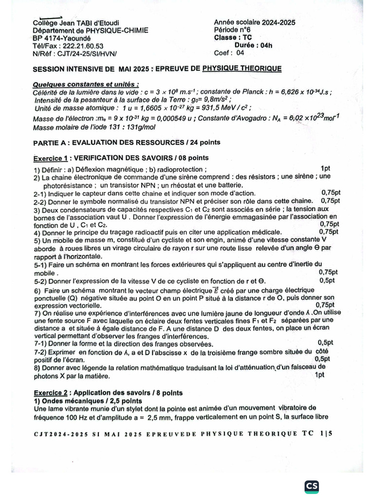 BAC Blanc 2025 - Physique & TP Phy - Tle C - Jean Tabi | PDF