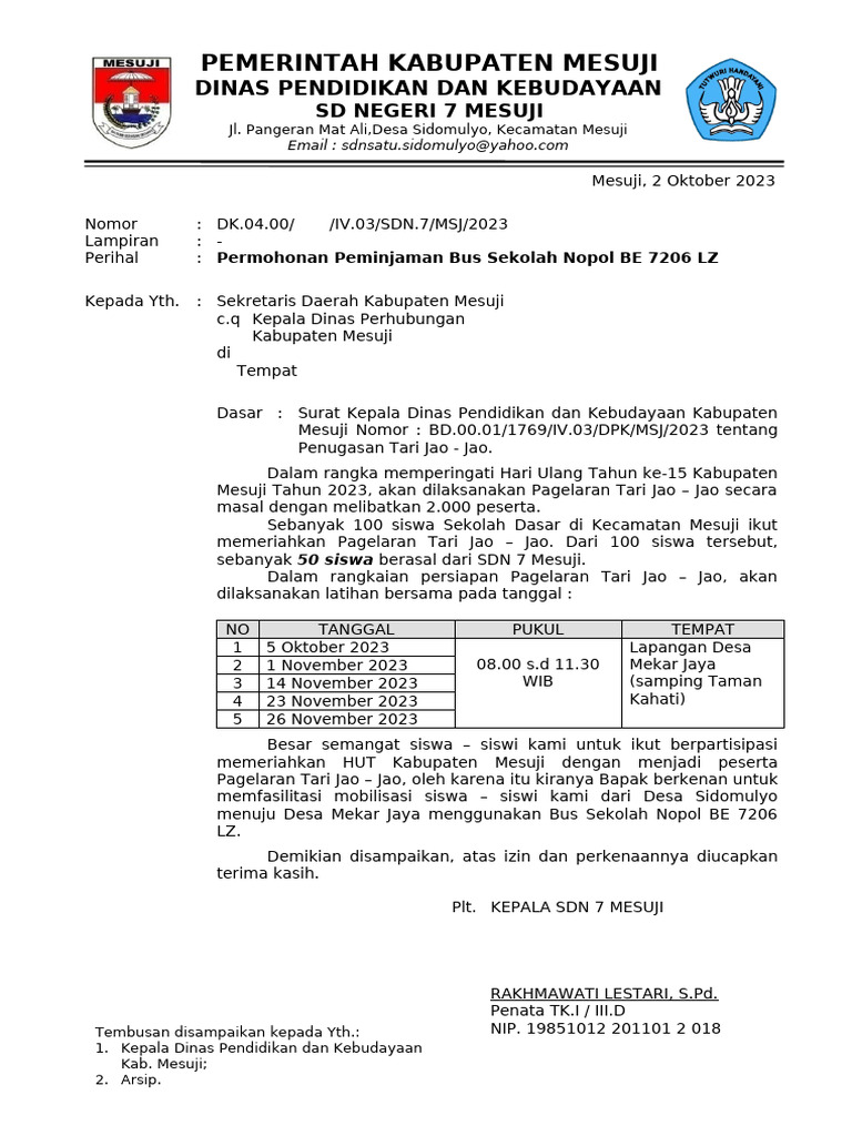Surat Permohonan Peminjaman Bus Sekolah BE 7206 LZ Perubahan | PDF