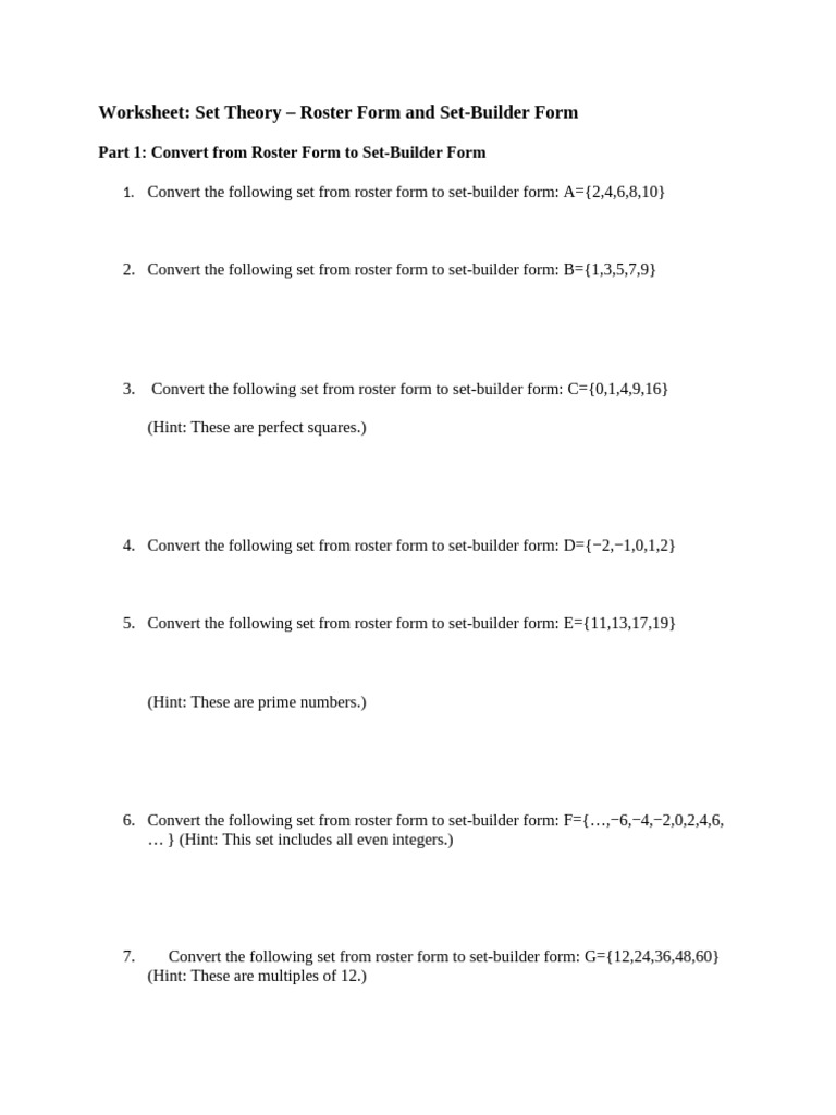 Roster and Set-Builder Form Worksheet | PDF