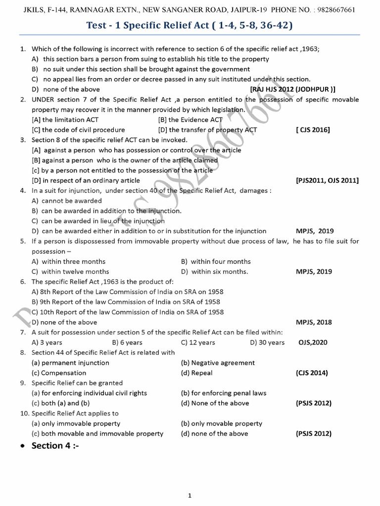 Test - 1 Specific Relief Act - 1-4, 5-8, 36-42 | PDF