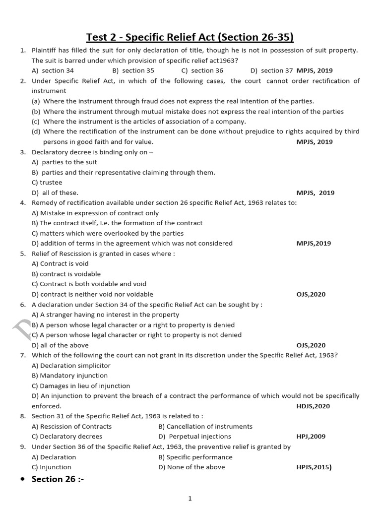 Test - 2 Specific Relief Act (Section 26-35) | PDF