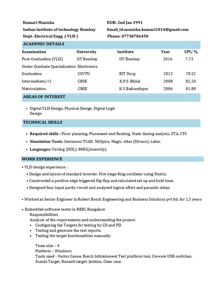 Resume Kumari Manisha VLSI1 | PDF | Mosfet | Transistor