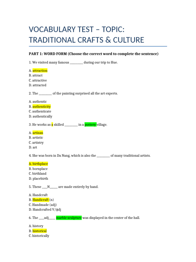 Vocabulary Test Traditional Crafts | PDF | Sculpture | Weaving
