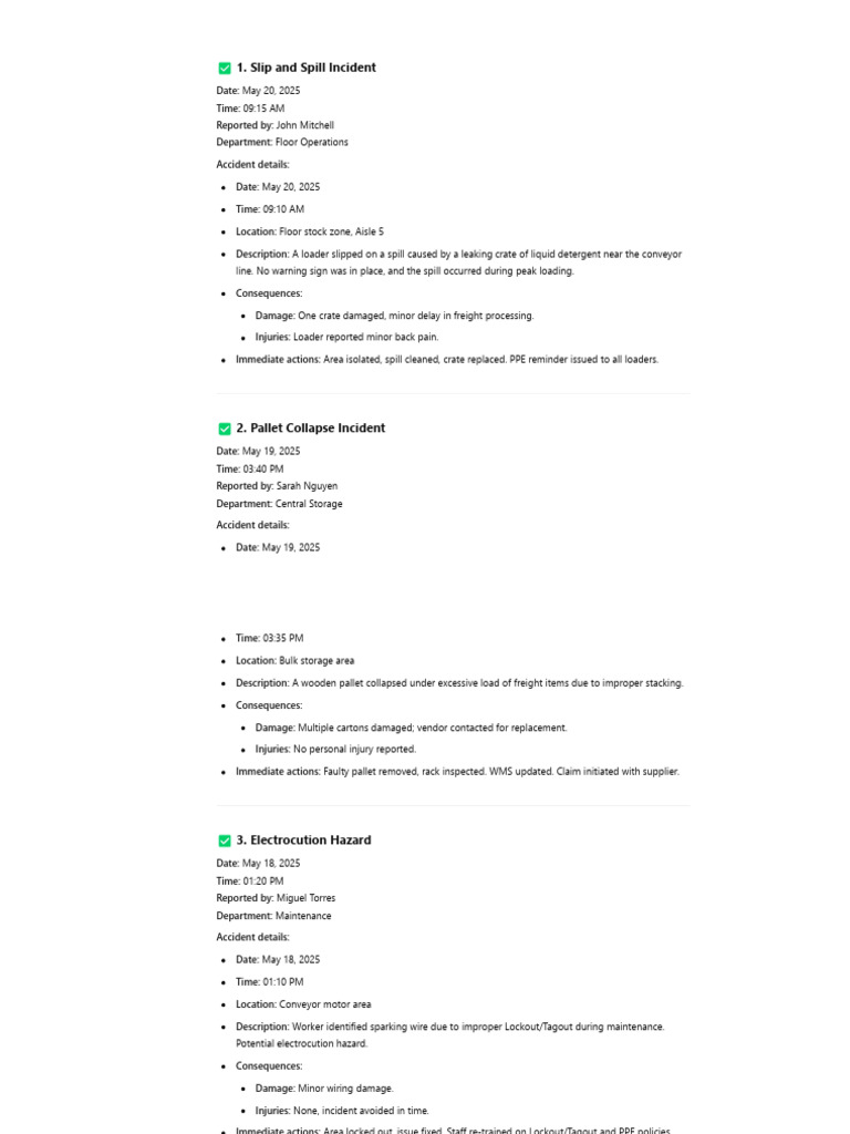 Workplace Incident Reports Summary | PDF | Pallet | Cargo
