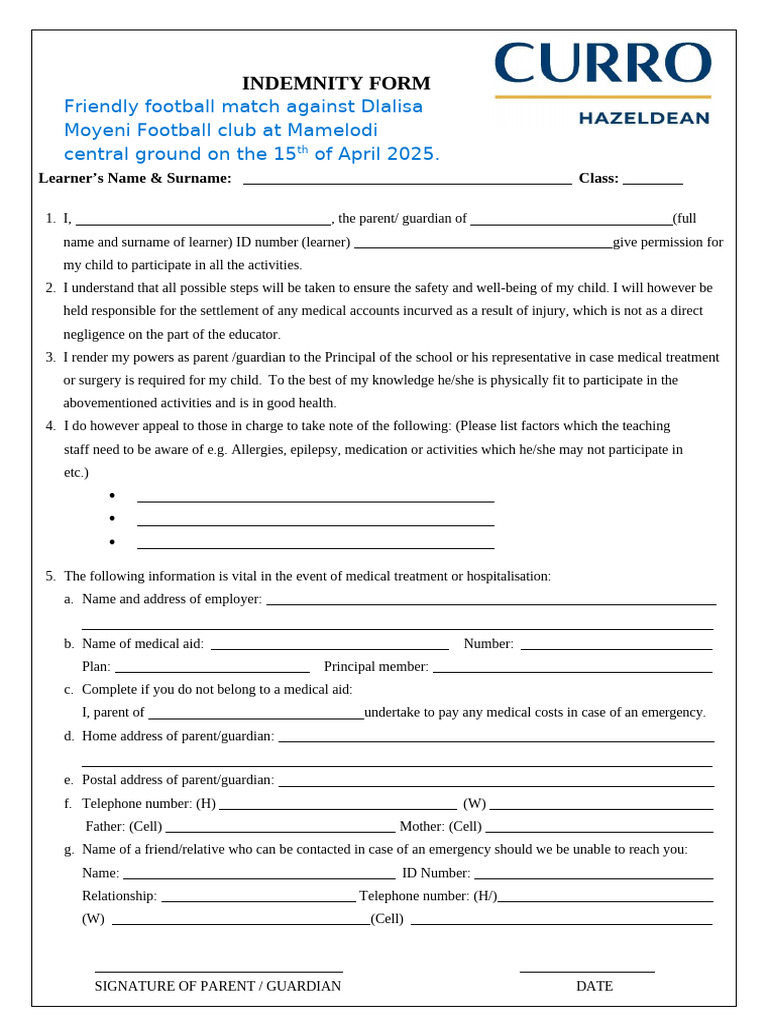 Indemnity Form for Football Match | PDF