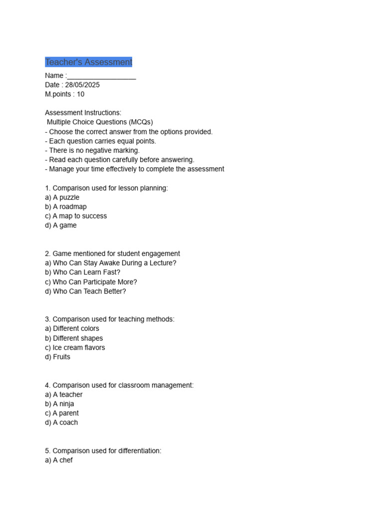 Teacher's Assessment Paper | PDF