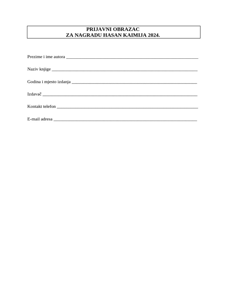 Prijavni Obrazac Za Nagradu Hasan Kaimija 2024 | PDF