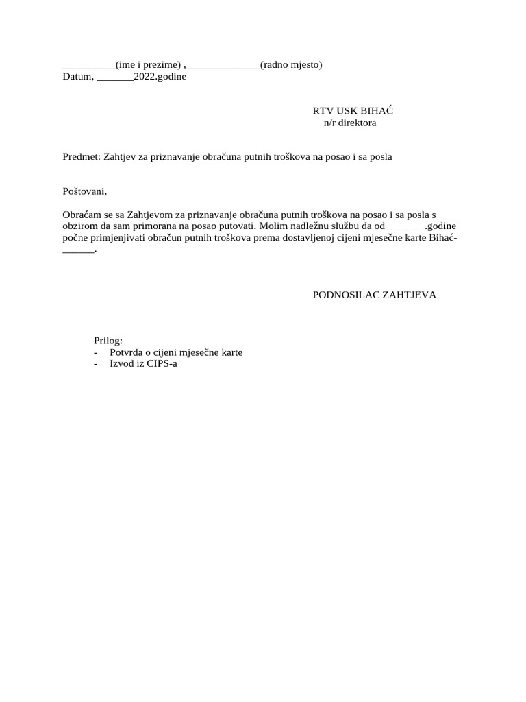 Zahtjev Za Priznavanje Putnih Troskova | PDF