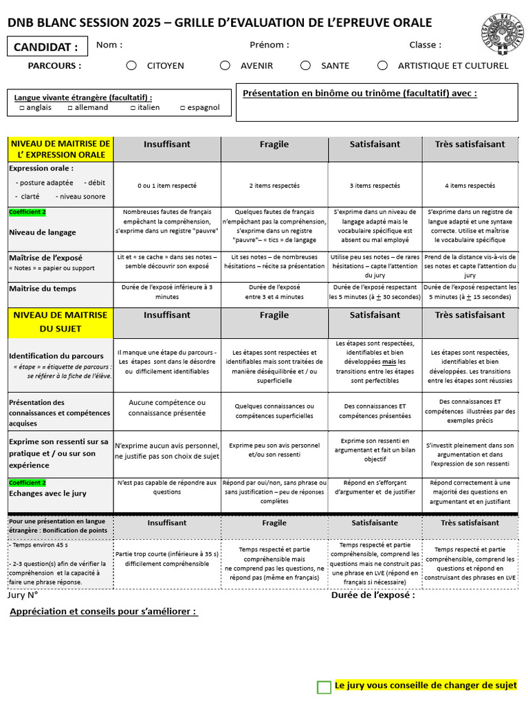 Grille d'évaluation orale DNB 2025 | PDF | Langue française | Linguistique