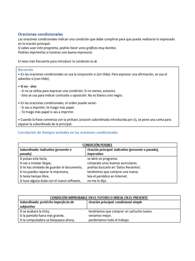 oraciones condicionales | PDF | Gramática | Tipología Lingüística