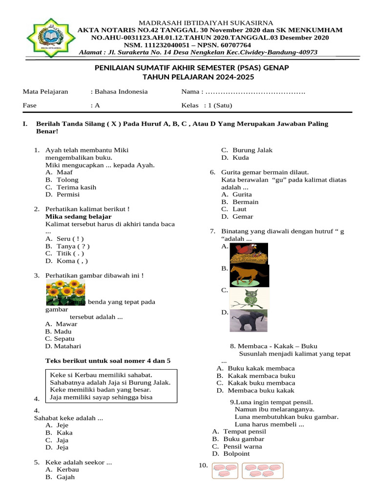 Bahasa Indonesia Kelas 1 Kumer Semester 2 2024-2025 | PDF