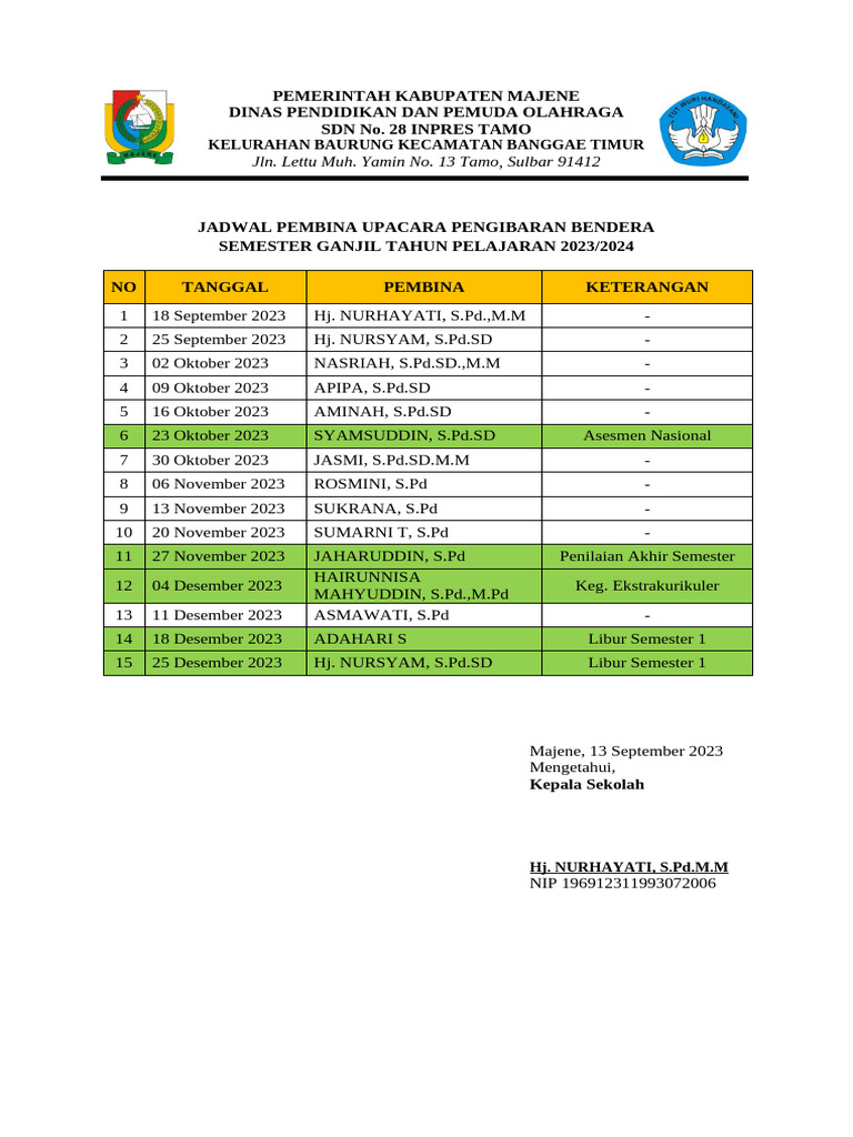 Jadwal Petugas Dan Pembina Upacara 2023-2024 | PDF