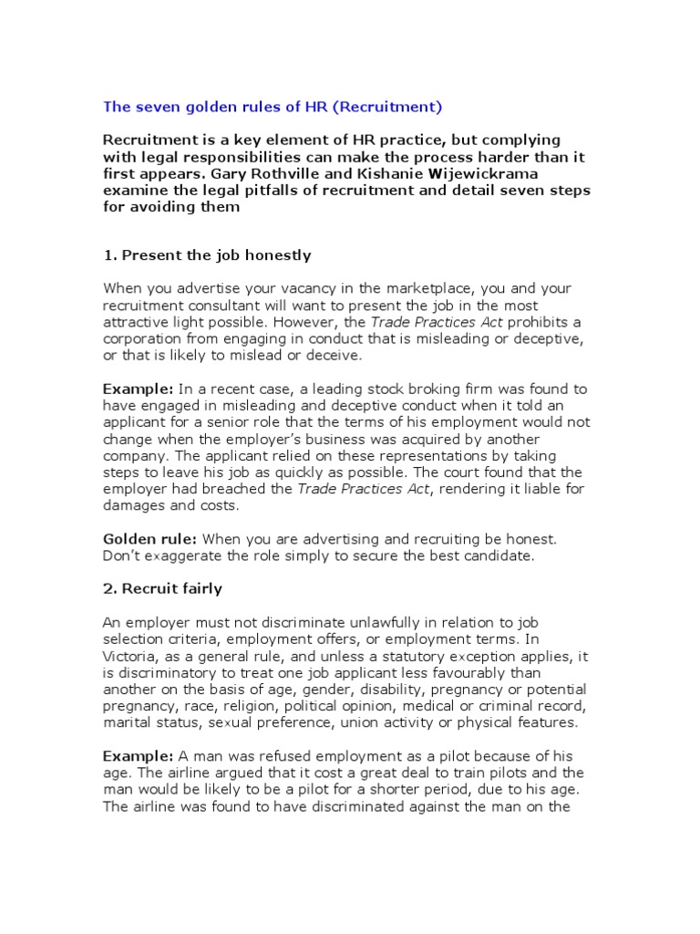 The Seven Golden Rules of HR | PDF | Discrimination | Workers' Compensation