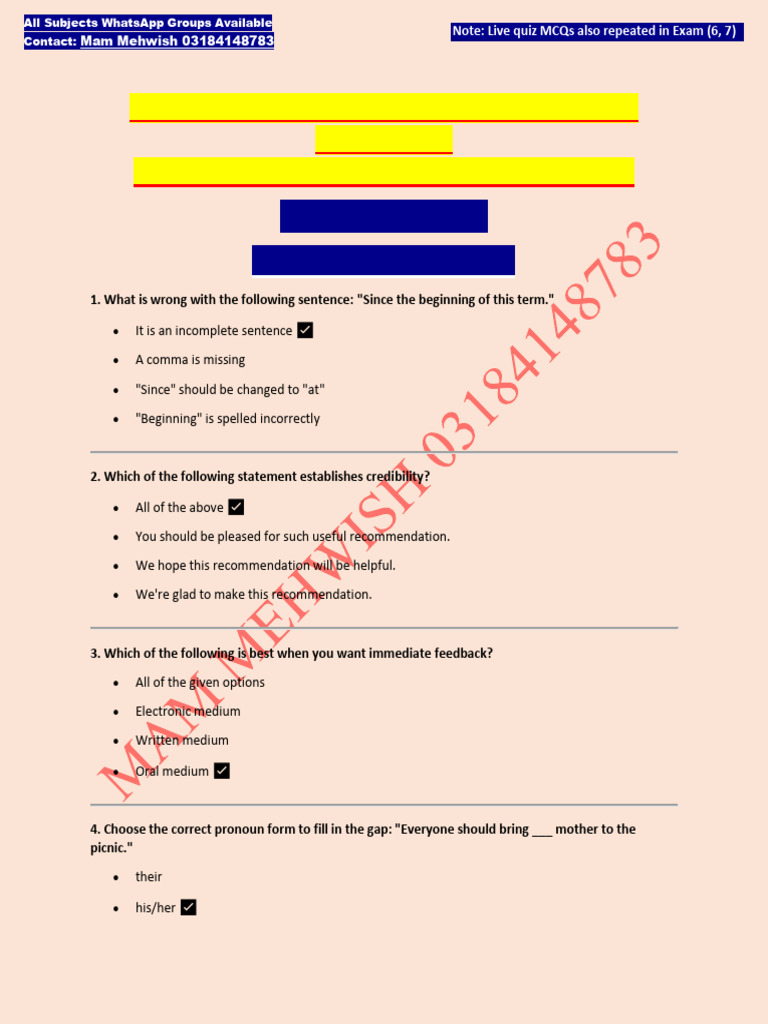 ENG201 MCQs Mids 2024 Mam Munaza | PDF | Memorandum | Multiple Choice