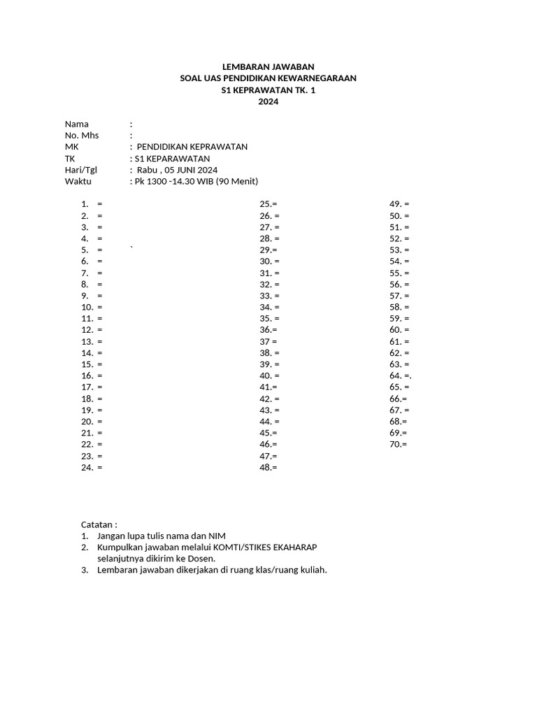 Lembaran Jawaban Soal KWN s1 Kep TKT 1 2024. | PDF