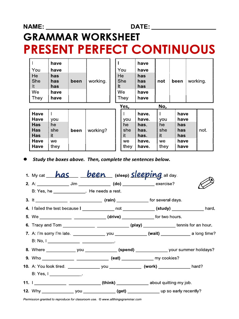 Present Perfect Continuous Worksheet | PDF