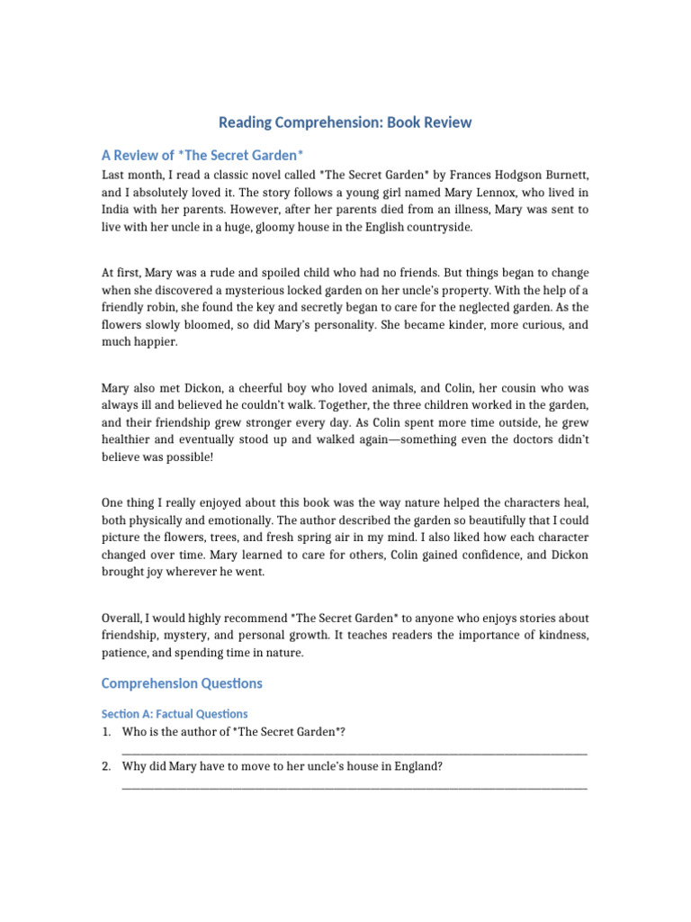 Book Review Comprehension Primary5 | PDF | The Secret Garden