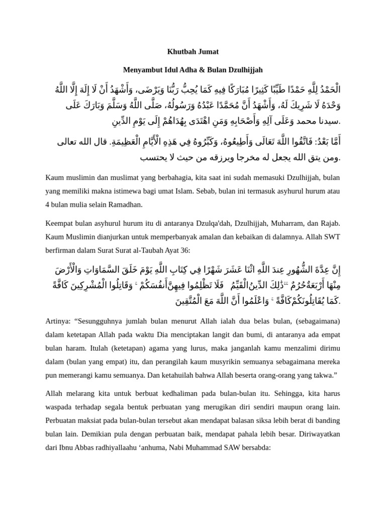 Khutbah Jumat Menyambut Idul Adha & Bulan Dzulhijjah | PDF