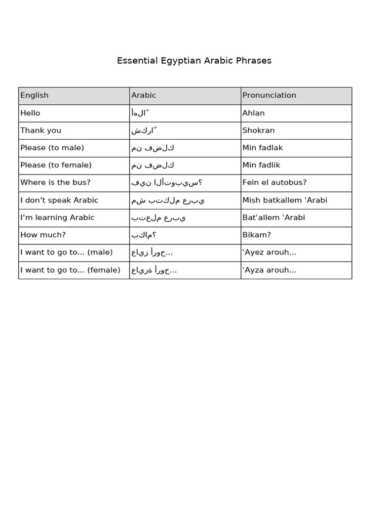 Egyptian Arabic Phrases | PDF