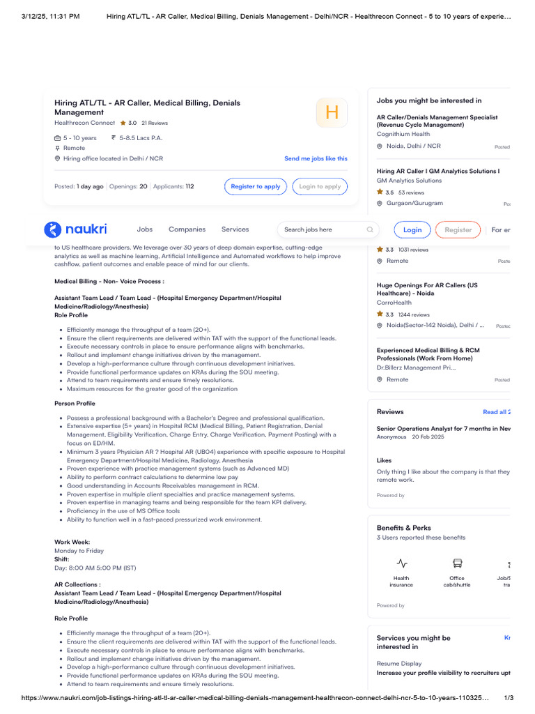 Hiring ATL - TL - AR Caller, Medical Billing, Denials Management ...