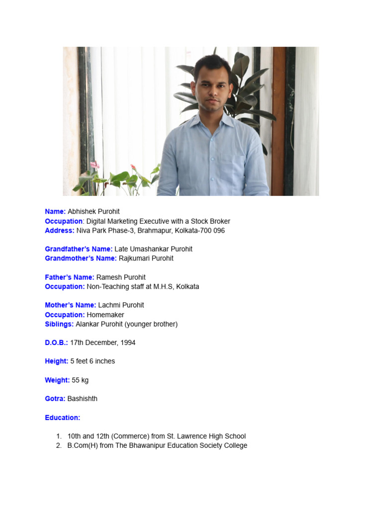 Abhishek Purohit - Bio Data | PDF