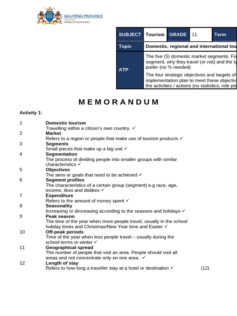 Tourism Grade 11 Term 2 Week 2 Segments DTGS MEMO | PDF | Economies