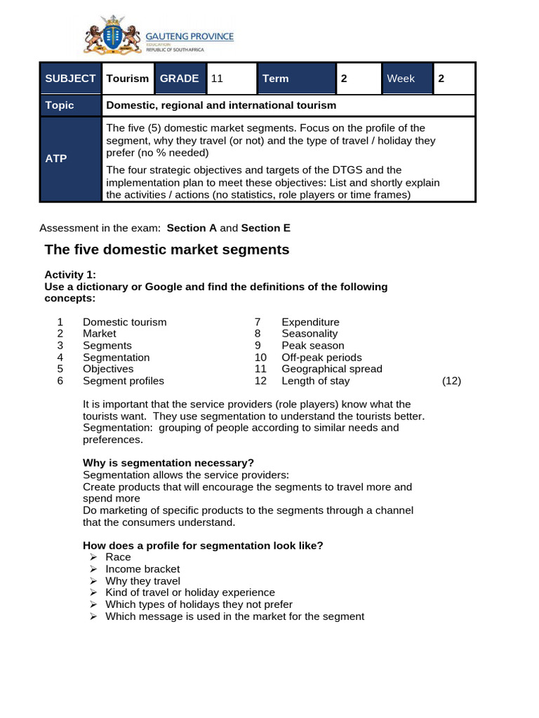 Tourism Grade 11 Term 2 Week 2 Segments | PDF | Tourism | Market Segmentation