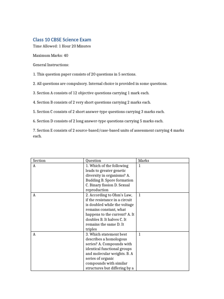 Class 10 CBSE Science Exam Paper Table Format | PDF | Aldehyde ...