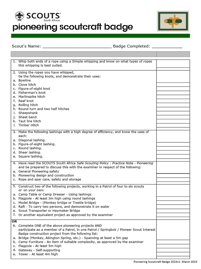 Pioneering (Scoutcraft Badge) Print | PDF