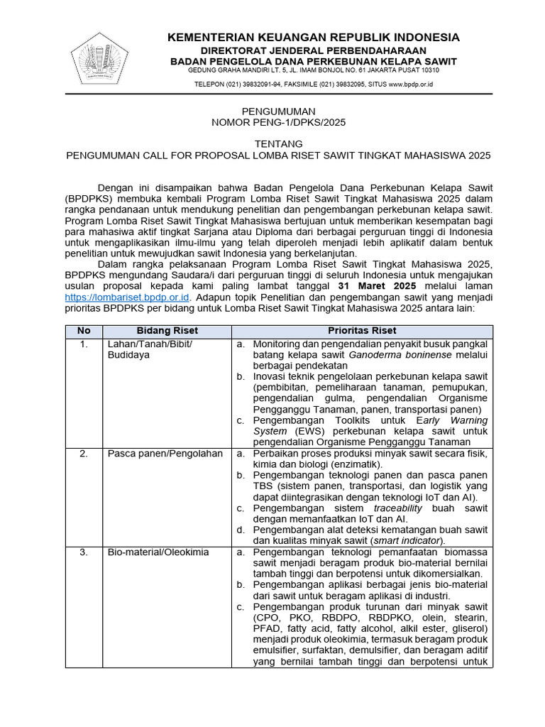 Panduan Proposal Lomba Riset Sawit (2025) | PDF