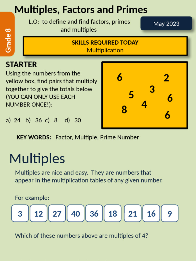 Factors, Primes and Multiples.G6 | PDF | Multiplication | Prime Number