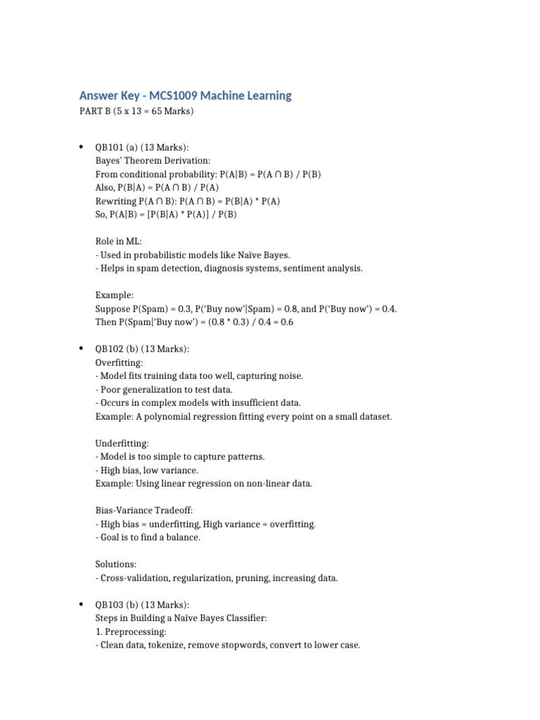 Mcs1009 ML Answer Key Part B 13 Marks | PDF | Sensitivity And Specificity | Applied Mathematics