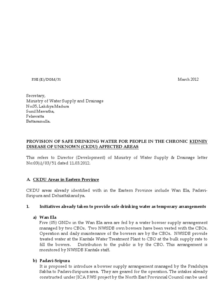 Letter To Secretary Safe Drinking Water To CKD Areas | Download Free ...