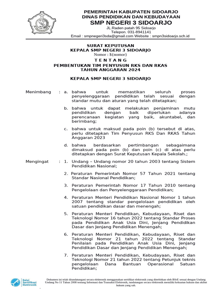 Pembentukan Tim RKS dan RKAS 2024 | PDF