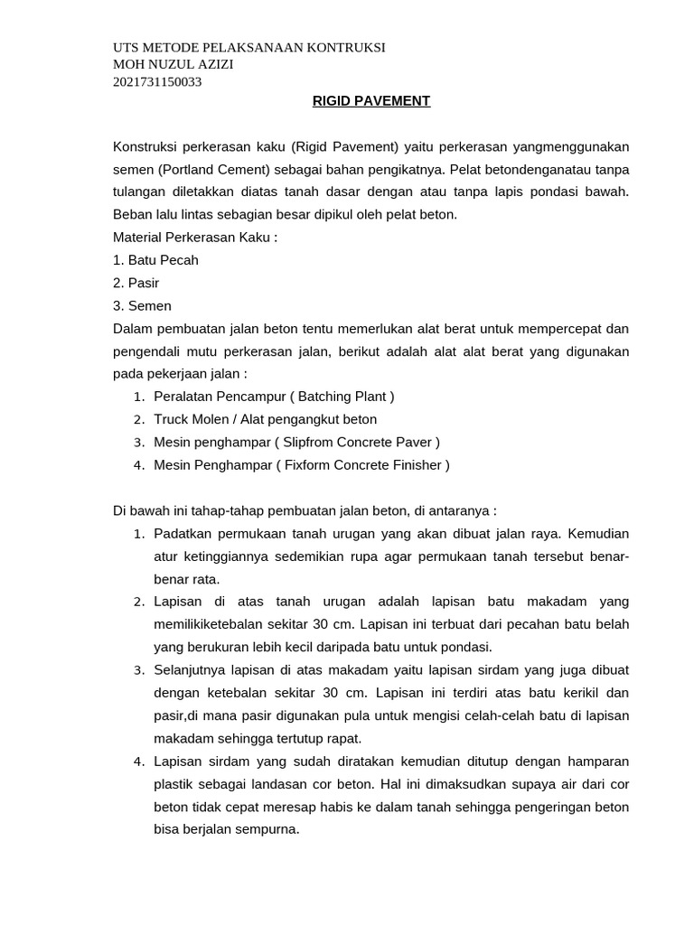 Uts Metode Pelaksanaan Kontruksi Mohnuzulazizi Rigid Pavement | PDF