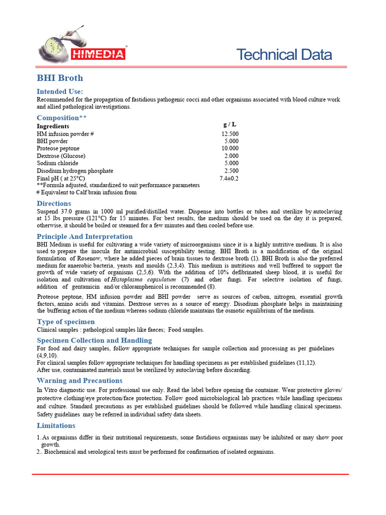Brain Heart Infusion Broth - M210 | PDF | Growth Medium | Sodium