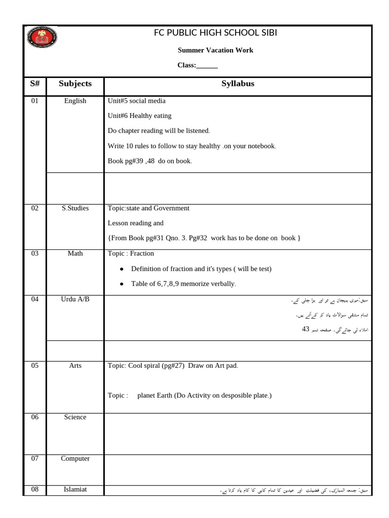 5th Summer Vacation Work | PDF