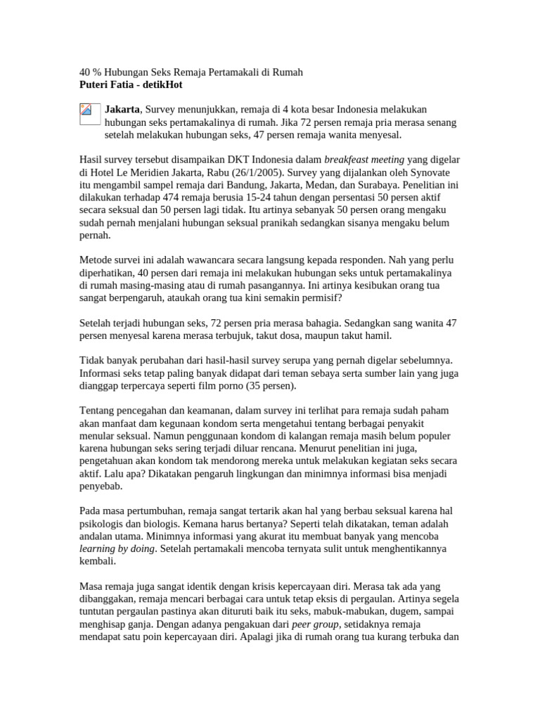 40 % Hubungan Seks Remaja Pertamakali Di Rumah | PDF