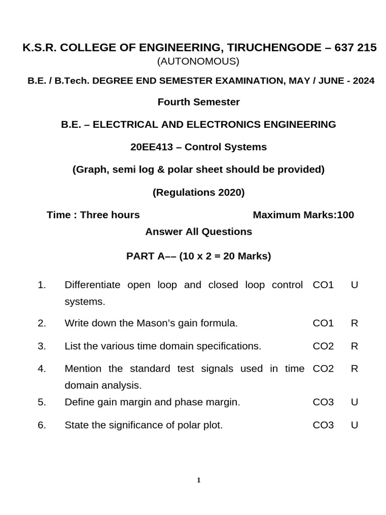 Control Systems Exam Paper - EEE 2024 | PDF | Feedback | Electronics