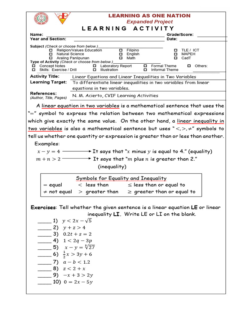 Math 8 Q2 LAS 1 Differentiate Linear Equation and Inequalities in Two ...