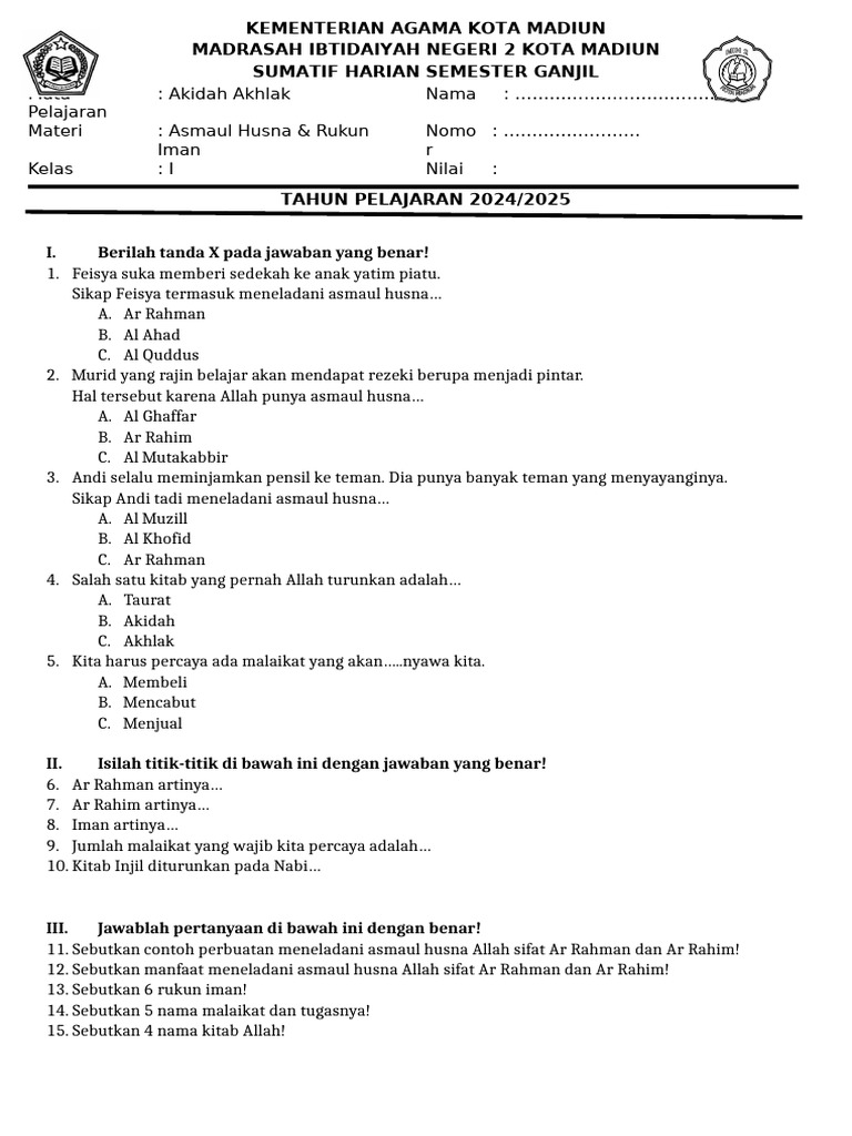SOAL AKIDAH AKHLAK Bab Asmaul Husna Dan Rukun Iman | PDF