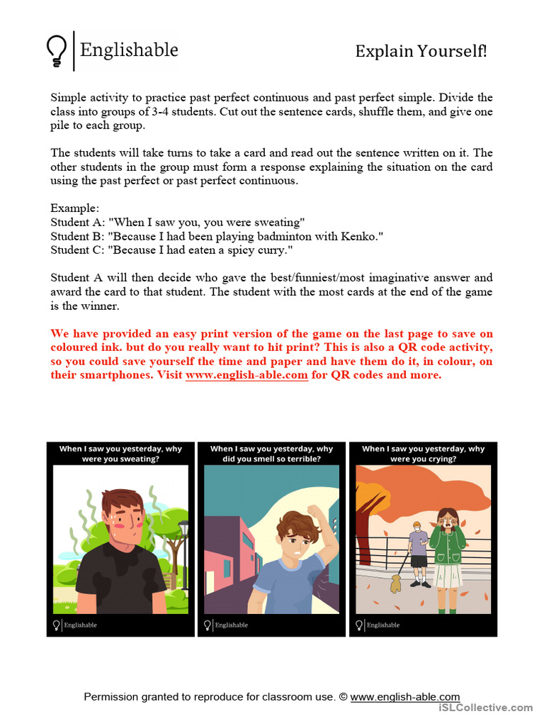 Past Perfect - Past Perfect Continuous Explain Yourself Game | PDF