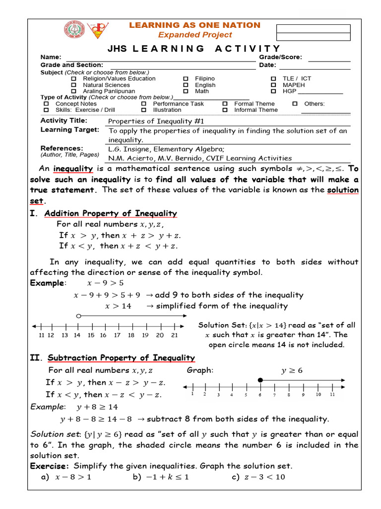Math 8 Q2 LAS 4 Properties of Inequality 1 | PDF | Inequality ...