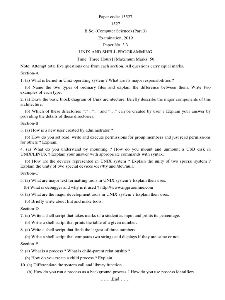 BSC Part 3 Cs Unix and Shell Programming 13527 2019 | PDF