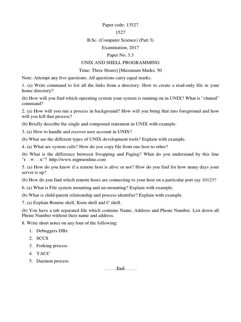 Bsc Part 3 Cs Unix and Shell Programming 13527 2017 | PDF