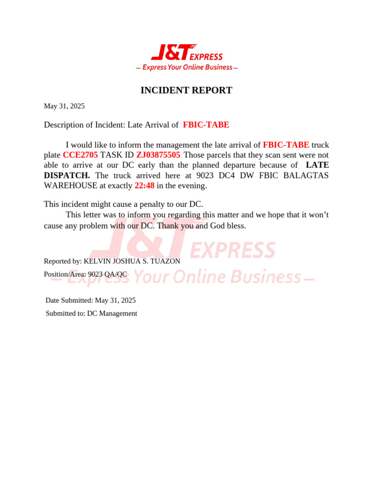 Ir For Late Arrival From Fbic Tabe Cce2705 05-31-2025 | PDF