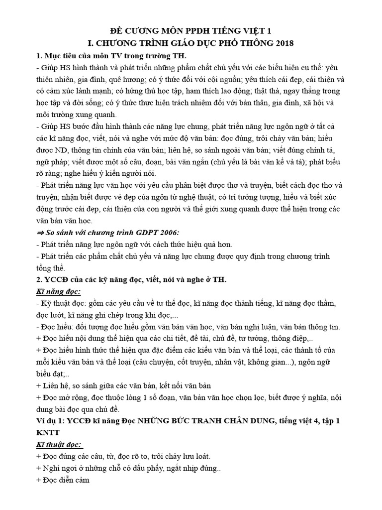 ĐỀ CƯƠNG MÔN PPDH TIẾNG VIỆT 1 | PDF